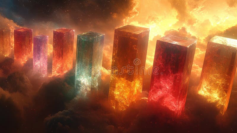 Colorful Crystalline Structures Stand Amidst Fiery Clouds Stock ...