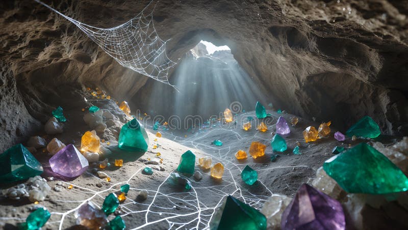 Colorful Crystals in Cave with Spiderweb and Light Beams Stock ...
