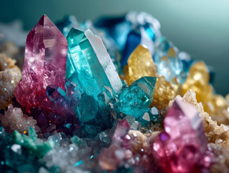 Colorful Crystals of Different Sizes on a Blue Background. 3d Rendering ...