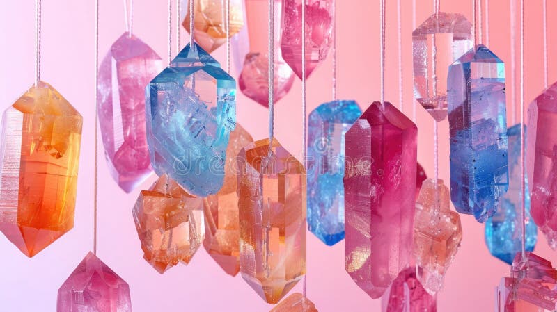 Colorful Crystals Suspended on Fine Strings Against a Soft Pastel Pink ...