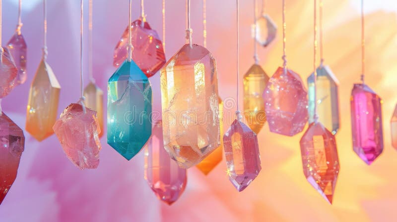 Colorful Crystals Suspended on Fine Strings Against a Soft Pastel Pink ...
