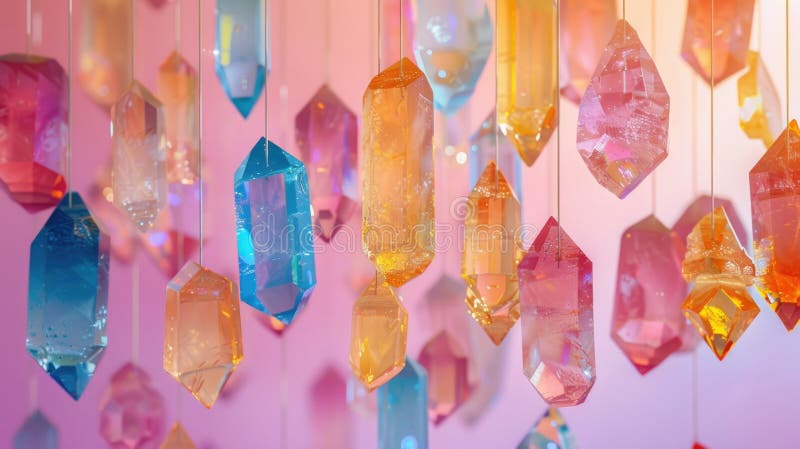 Colorful Crystals Suspended on Fine Strings Against a Soft Pastel Pink ...