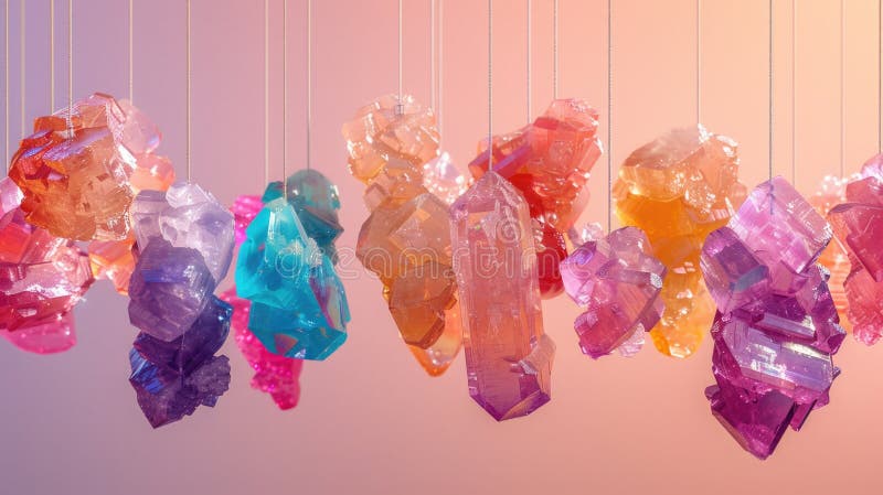 Colorful Crystals Suspended on Fine Strings Against a Soft Pastel Pink ...