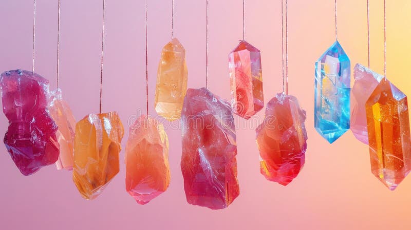 Colorful Crystals Suspended on Fine Strings Against a Soft Pastel Pink ...