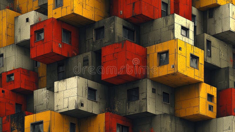 Colorful Cube Architecture with Treated Concrete Surfaces and Window Details in Urban ...