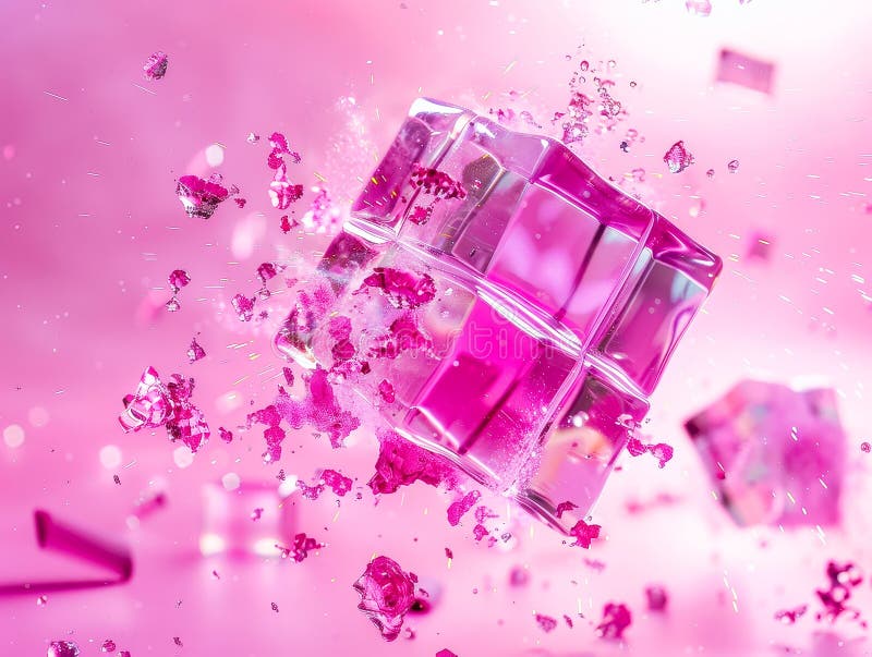 Colorful Cube Exploding with Splashing Pink Liquid Against Pink ...