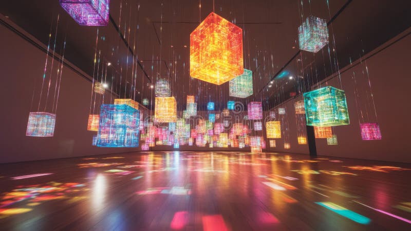 Colorful Cube Light Installation in Modern Gallery Stock Illustration ...