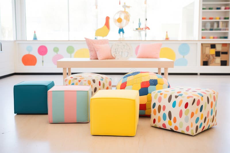 Colorful Cube Poufs in a Play Area Stock Image - Image of modern ...