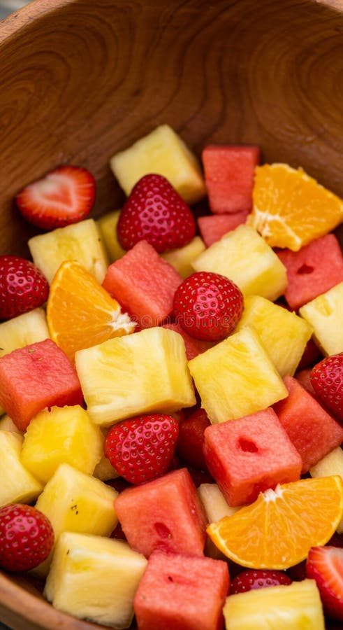 Colorful Cubed Fruit Salad in Wooden Bowl Stock Illustration ...