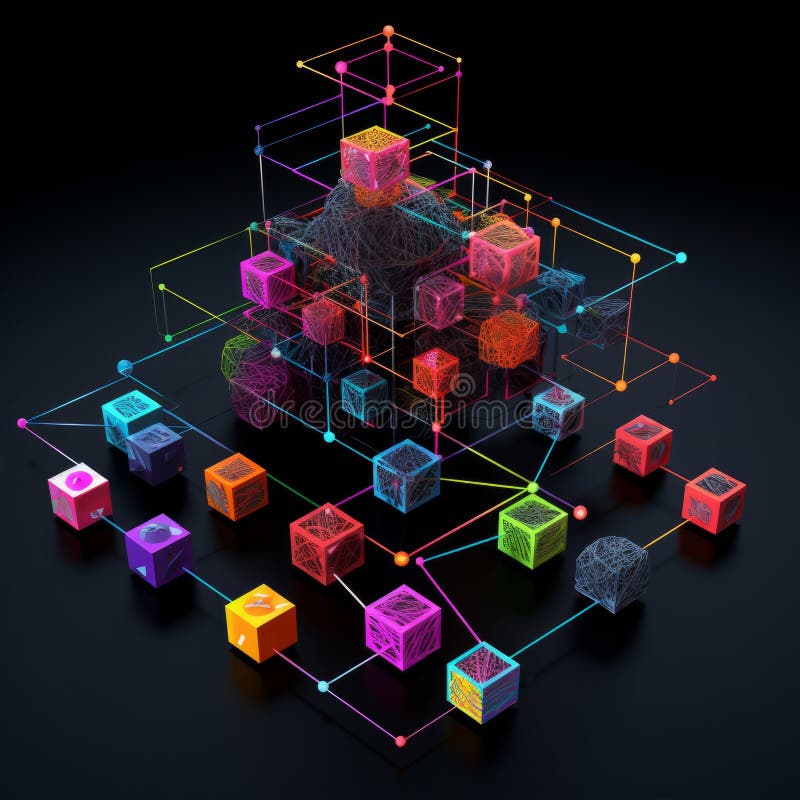 Colorful Cubes Connected in Symmetrical Pattern on Black Background ...