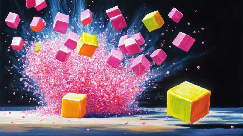 Colorful Cubes Exploding with Vibrant Pink Particles Against a Dark ...