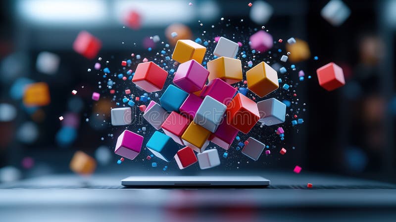 Colorful Cubes Floating Above a Laptop in a Creative Workspace Stock ...