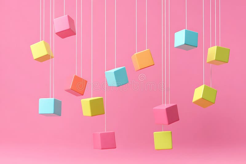 Colorful Cubes Hanging on Strings Pink Background Abstract 3D Render ...