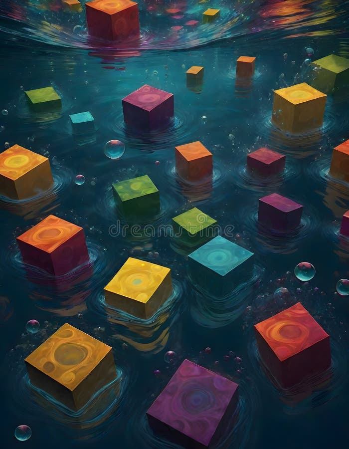 Colorful Cubes with Holes Floating Underwater, Creating Bubbles and ...