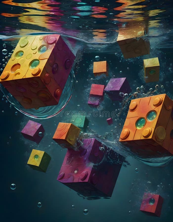 Colorful Cubes With Holes Floating Underwater Creating Bubbles And Reflections On The Water
