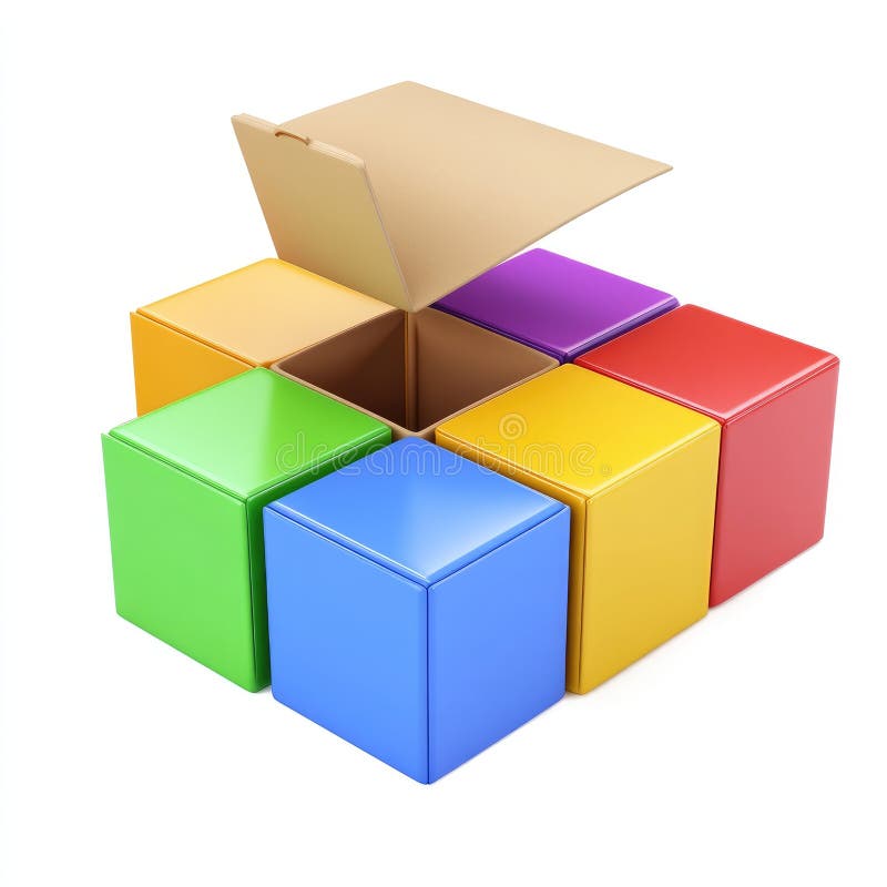 Colorful Cubes Emerging from Open Box: 3D Render Stock Illustration ...