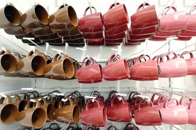 Colorful Cup Store. Cups of Different Colors Standing in Shop Stock ...