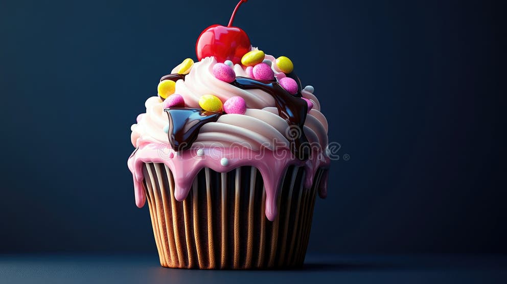 Colorful Cupcake with Cherry and Chocolate Drizzle on Top Stock Photo ...