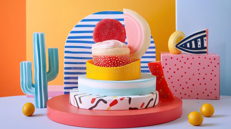 Colorful Cupcake Display with Geometric Shapes Stock Illustration ...