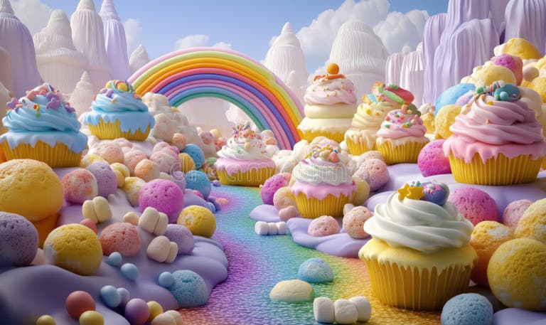 Colorful Cupcake Landscape with Rainbow and Candy Decorations in ...