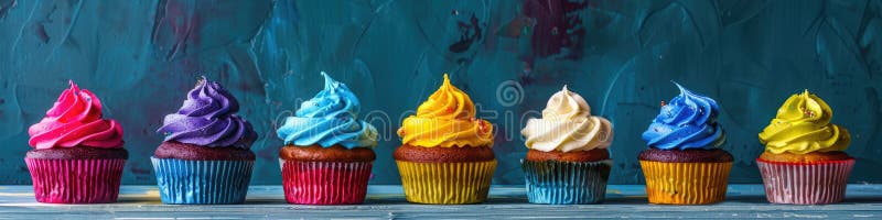 Colorful Cupcake Row with Decorative Frosting on Vibrant Background ...