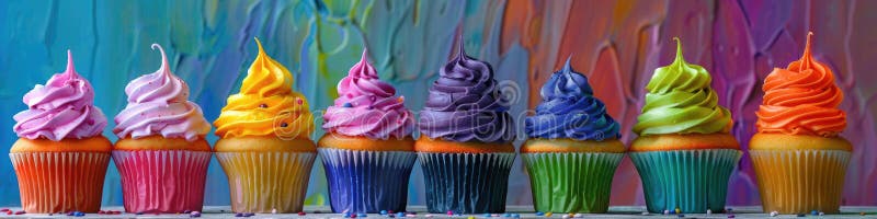 Colorful Cupcake Row with Decorative Frosting on Vibrant Background ...