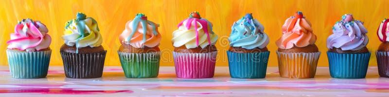 Colorful Cupcake Row with Decorative Frosting on Vibrant Background ...