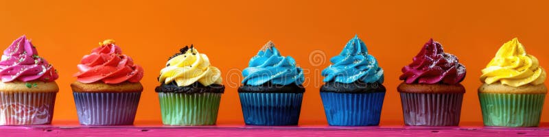 Colorful Cupcake Row with Decorative Frosting on Vibrant Background ...