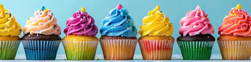 Colorful Cupcake Row with Decorative Frosting on Vibrant Background ...