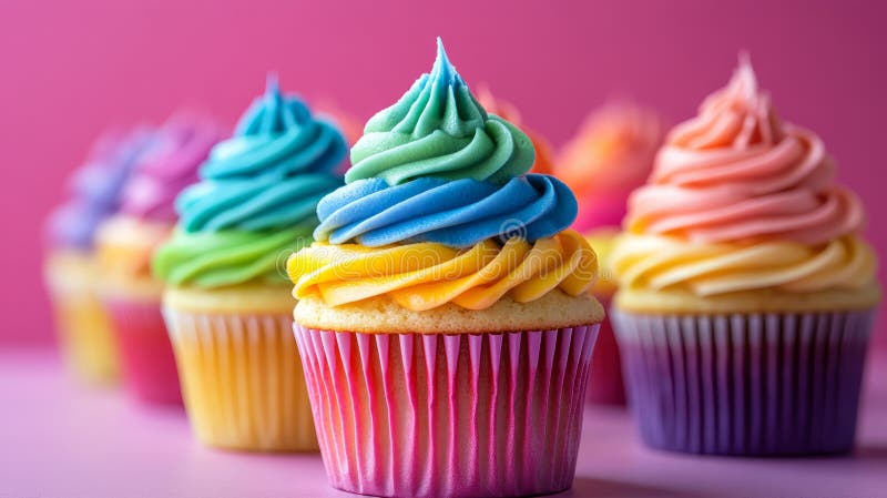 Colorful Cupcakes with Rainbow Frosting on a Pink Background Stock ...