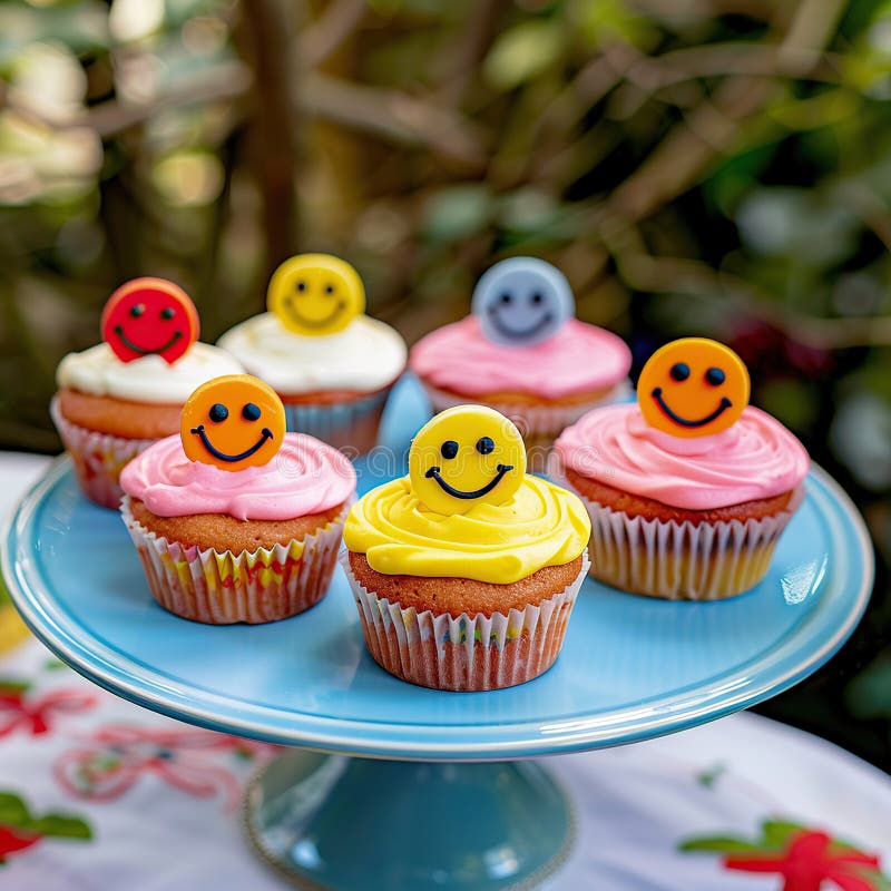 Colorful Cupcakes with Smiley Faces on a Cake Stand Stock Illustration ...