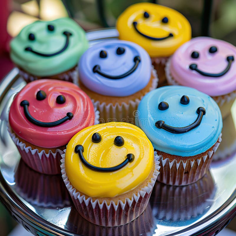 Colorful Cupcakes with Smiley Faces Frosting Stock Illustration ...