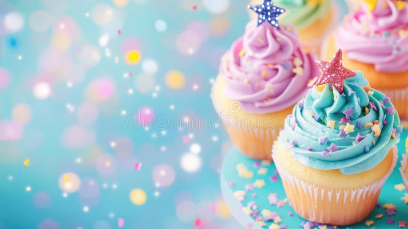 Colorful Cupcakes with Star Toppers and Confetti on Blue Background ...