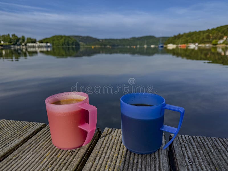 Colorful Cups of Coffee on the Shore of the Lake Stock Photo - Image of ...