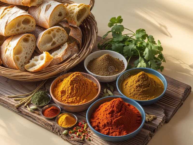 Colorful Curry Spread with Fresh Spices and Bread Stock Image - Image ...