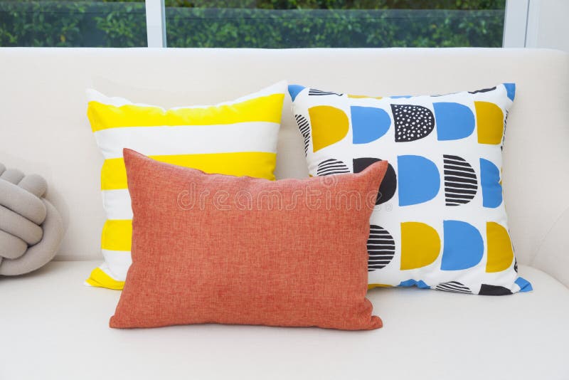 Colorful Cushions Pillows on Sofa Stock Photo - Image of bedroom ...
