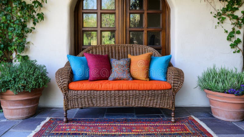 Colorful Cushions on Wicker Sofa on Patio Stock Illustration ...