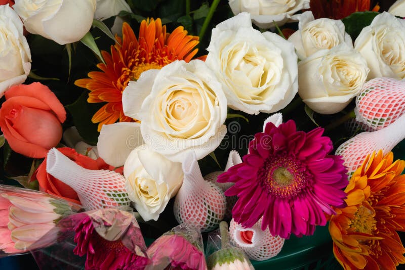 Colorful Cut Flowers, Rose and Gerbera Bouquet Stock Image - Image of ...