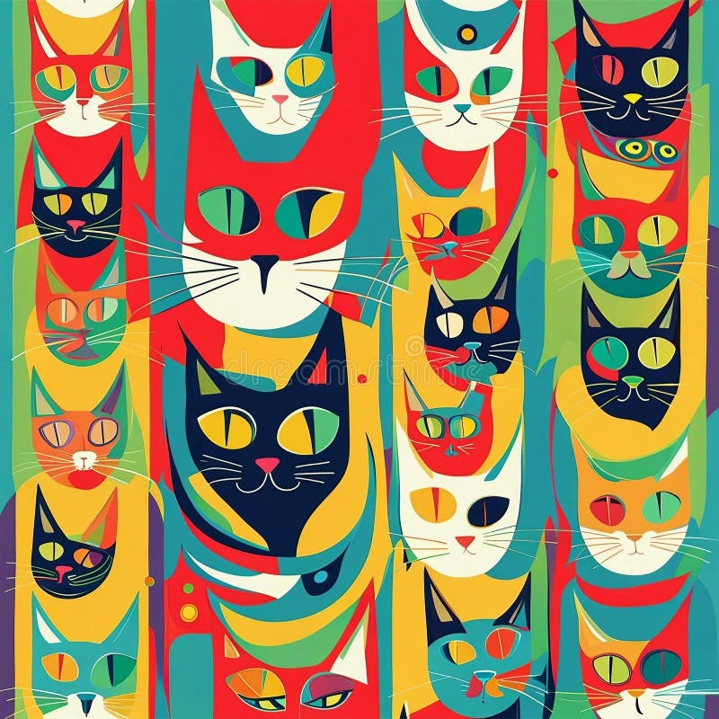 Colorful Cute Cat Art Illustration Stock Illustration - Illustration of ...