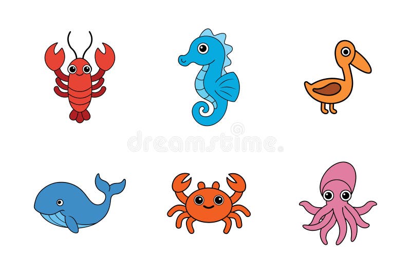 Colorful Cute Sea Creatures Cartoon Set Stock Vector - Illustration of ...