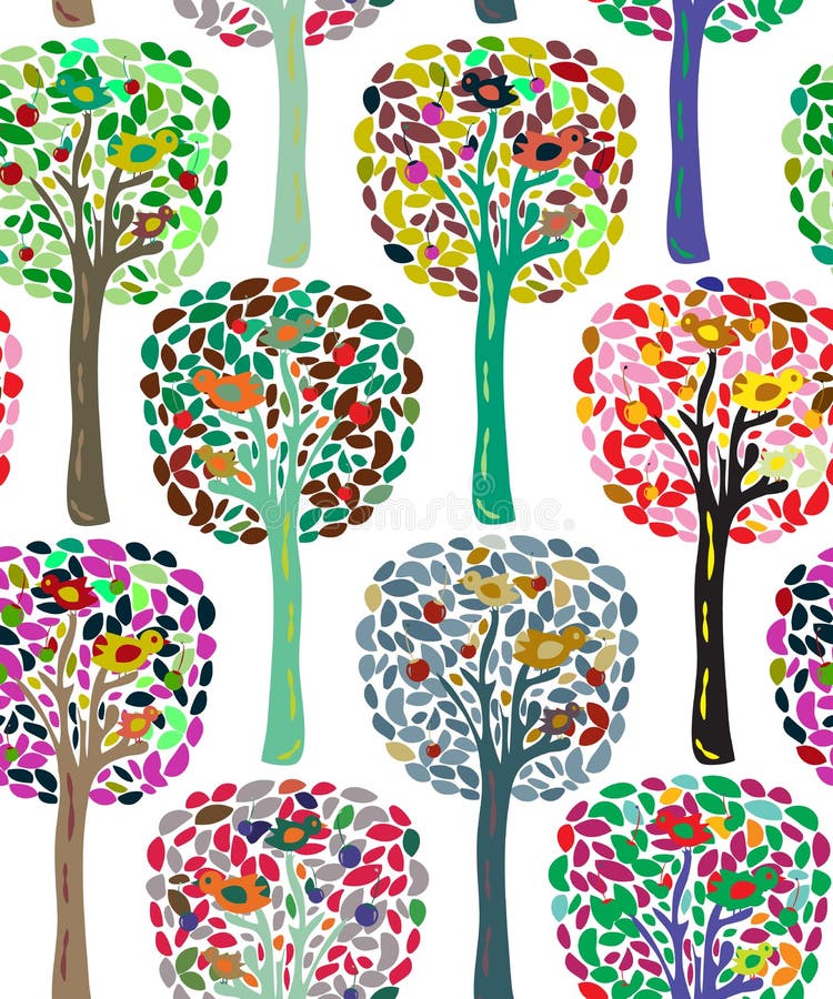 Colorful Cute Trees and Birds Pattern Stock Illustration - Illustration ...