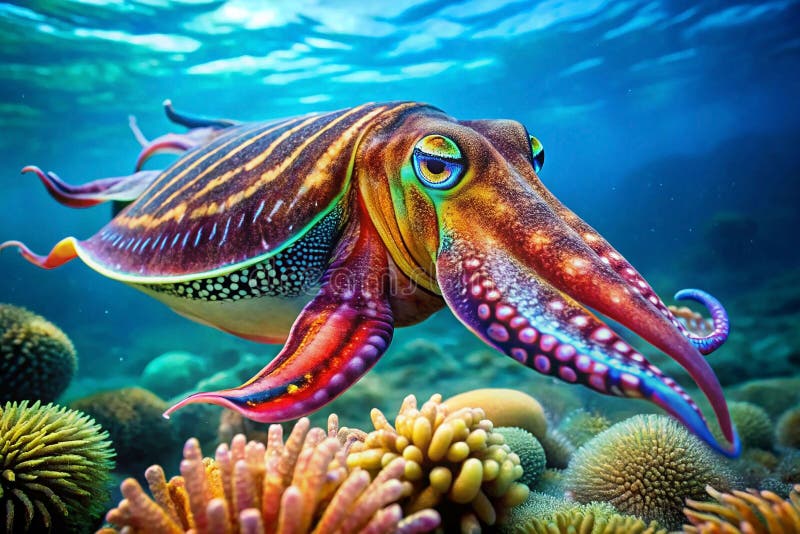 Colorful Cuttlefish Swimming Over Coral Reef Stock Illustration ...