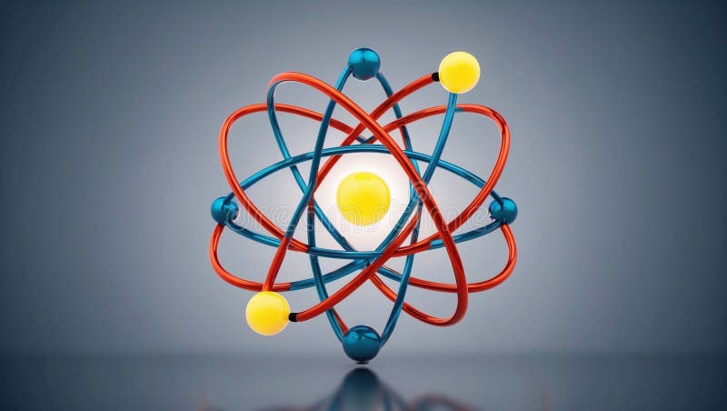 Colorful 3D Atom Model with Blue and Red Orbits and Glowing Yellow ...