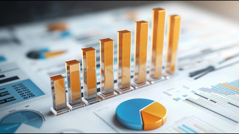 Colorful 3D Bar Charts, Pie Charts, and Graphs on Financial Documents ...