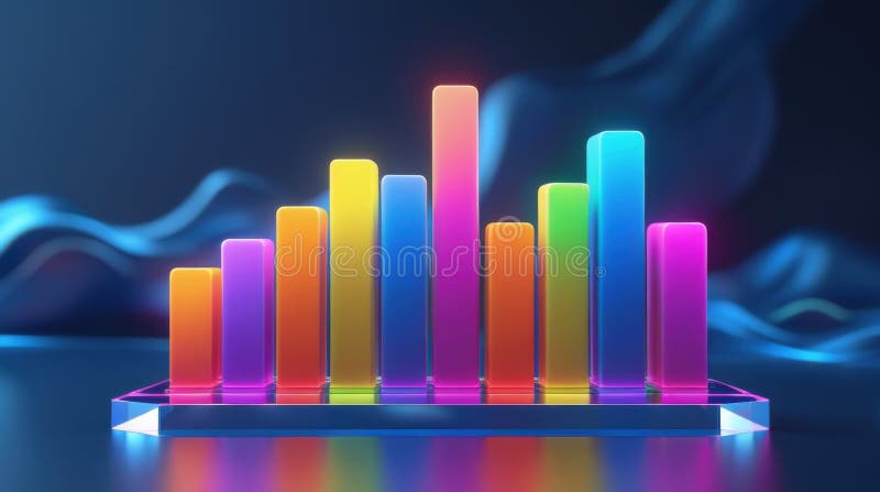 Colorful 3 D Bar Graph on Glass Platform with Blue Background Stock ...