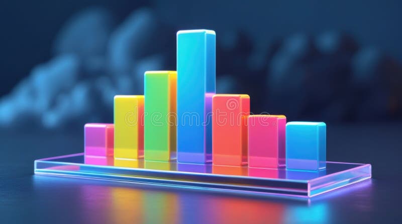 Colorful 3 D Bar Graph on a Transparent Platform Against a Dark ...