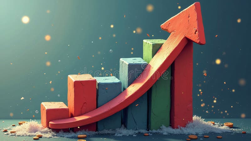 Colorful 3D Bar Graph with Upward Arrow and Falling Particles ...