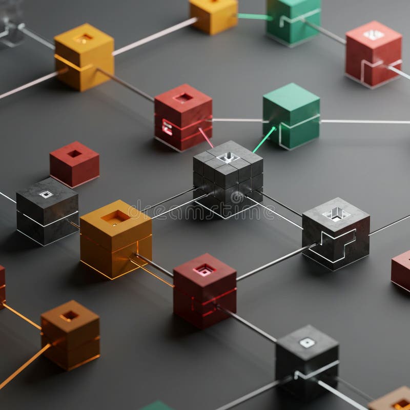 Colorful 3D Blocks are Interconnected by Lines on a Dark Surface ...
