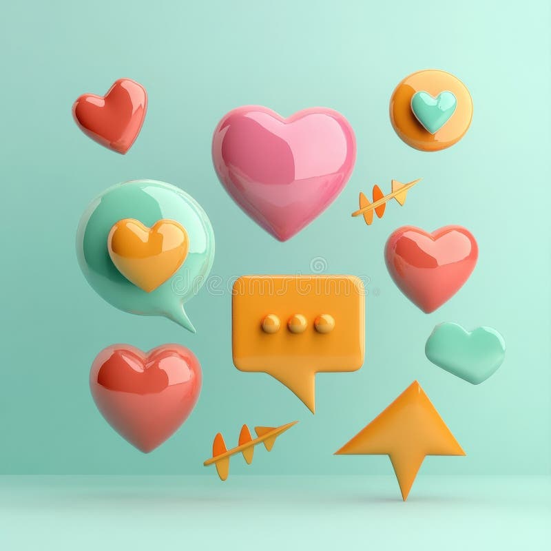 Colorful 3D Chat Bubbles and Hearts Floating Against a Light Background ...