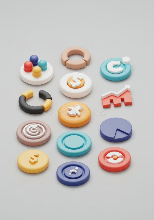 Colorful 3D Circular Data Icons on Grey Background Stock Illustration ...